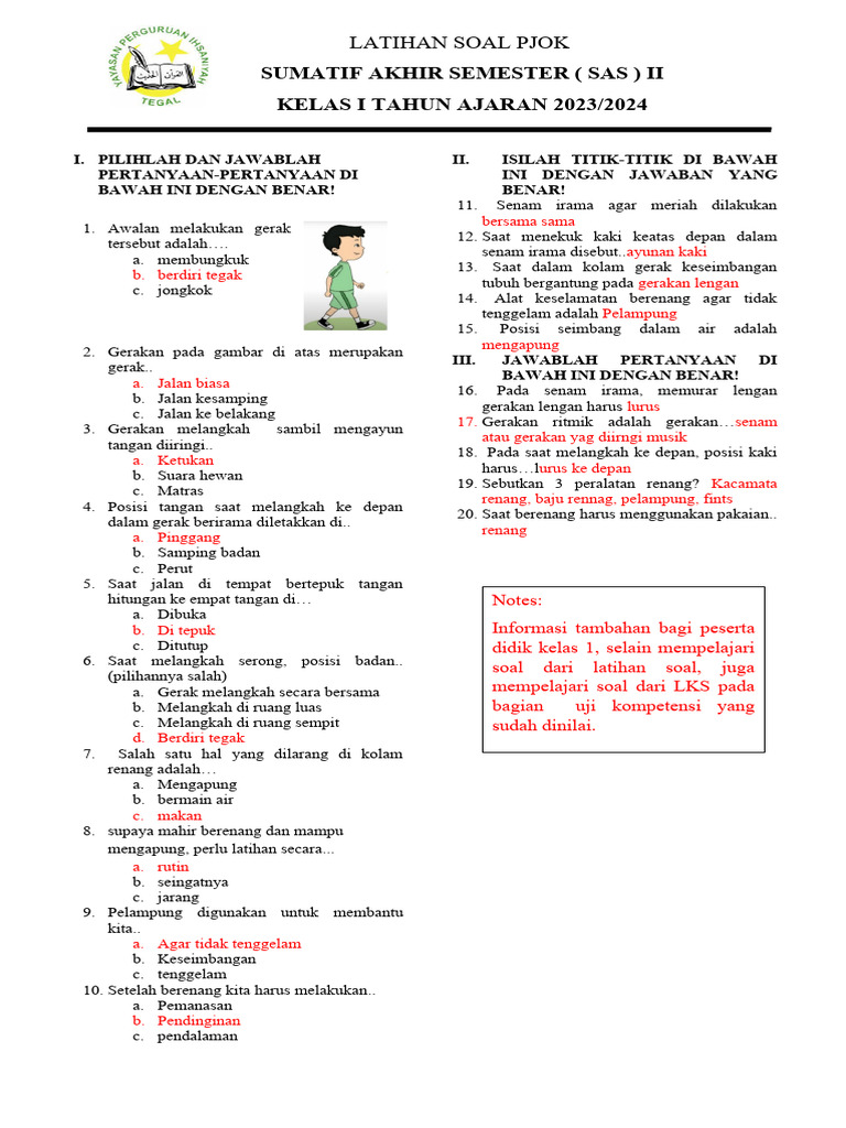 Latihan SAS 2 PJOK KELAS 1 | PDF