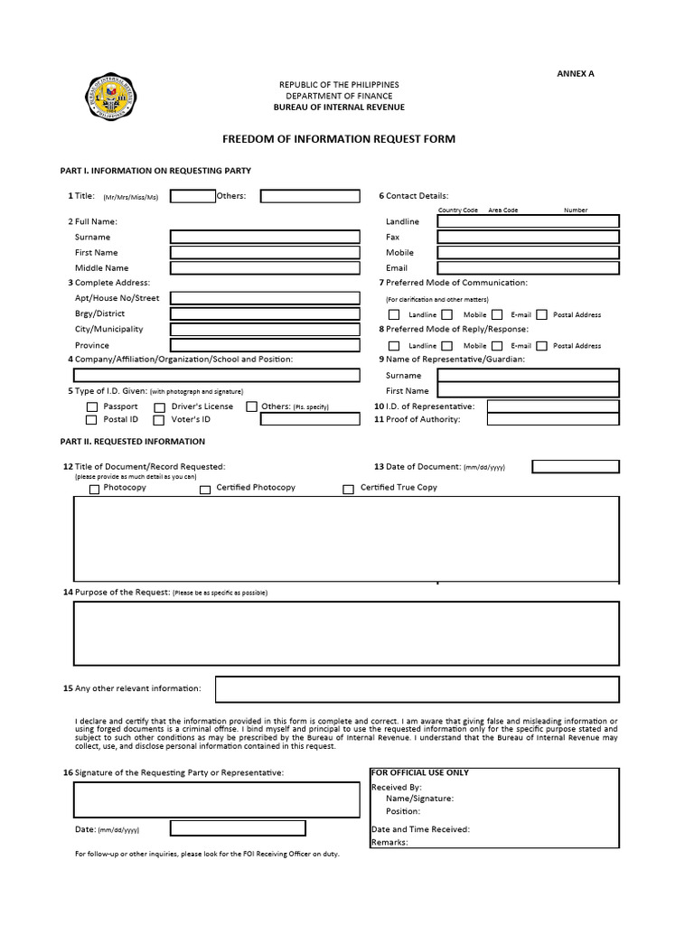 Annex A FOI Request Form | PDF | Identity Document | Government