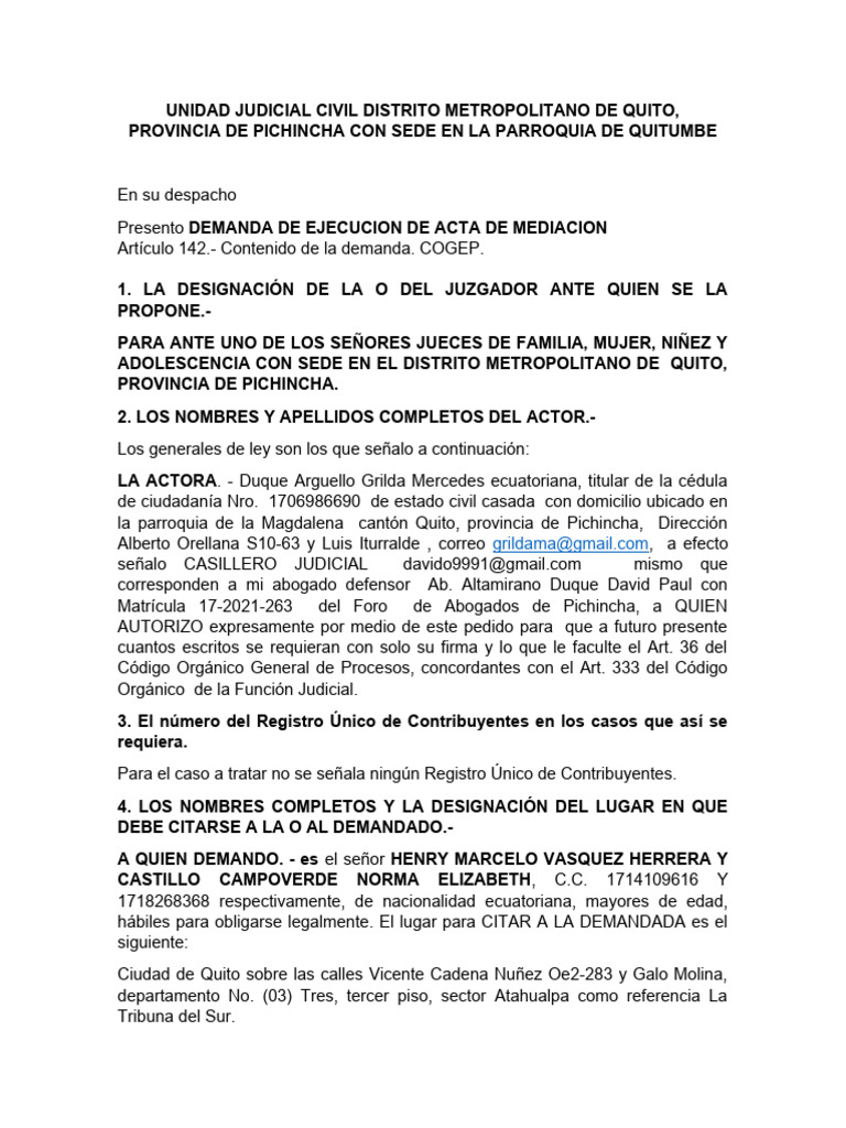 DEMANDA DE EJECUCION DE ACTA DE MEDIACION D.A Final | PDF | Mediación | Ley común