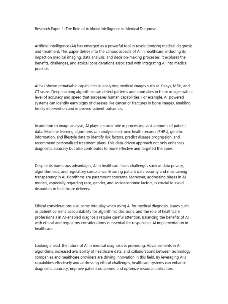 Research Paper 1 The Role of Artificial Intelligence in Medical ...