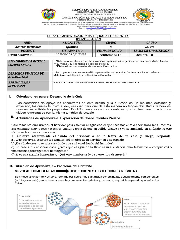 GUÍA - 7 Soluciones 9° | PDF | Solubilidad | Concentración