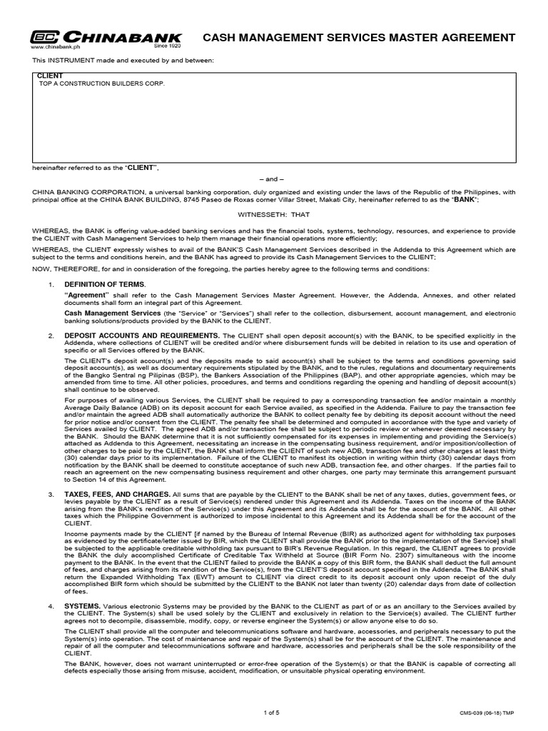 Cash Management Services Agreement | PDF | Banks | Taxes