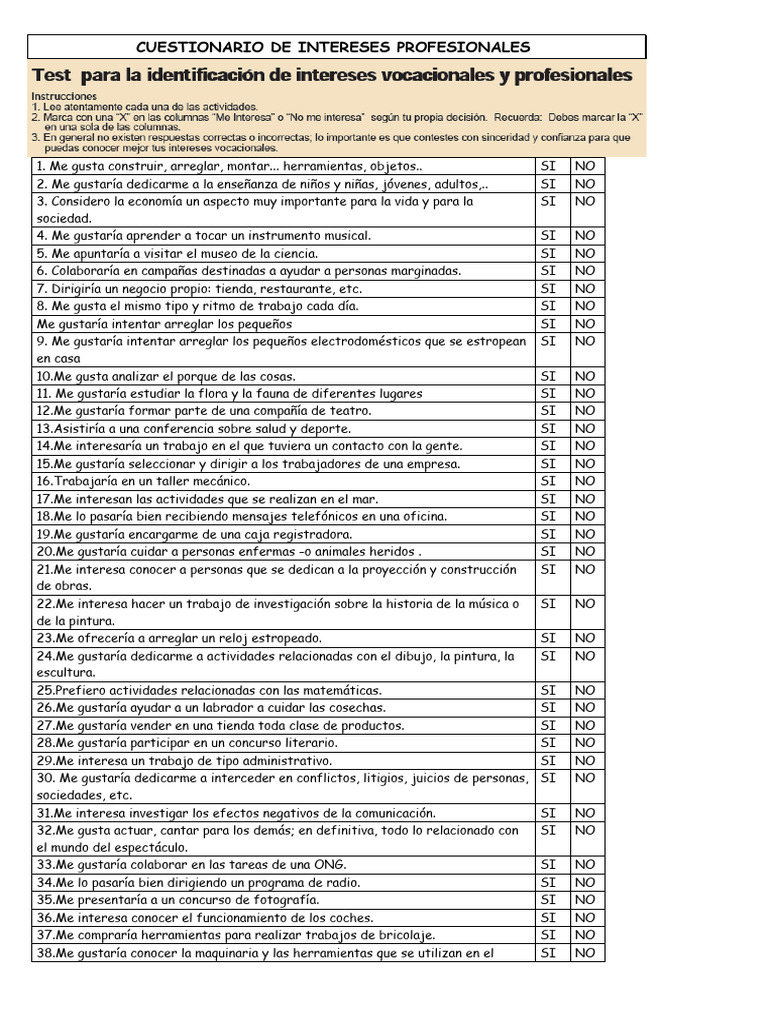 Cuestionario de Intereses Profesionales | PDF | Ingeniería