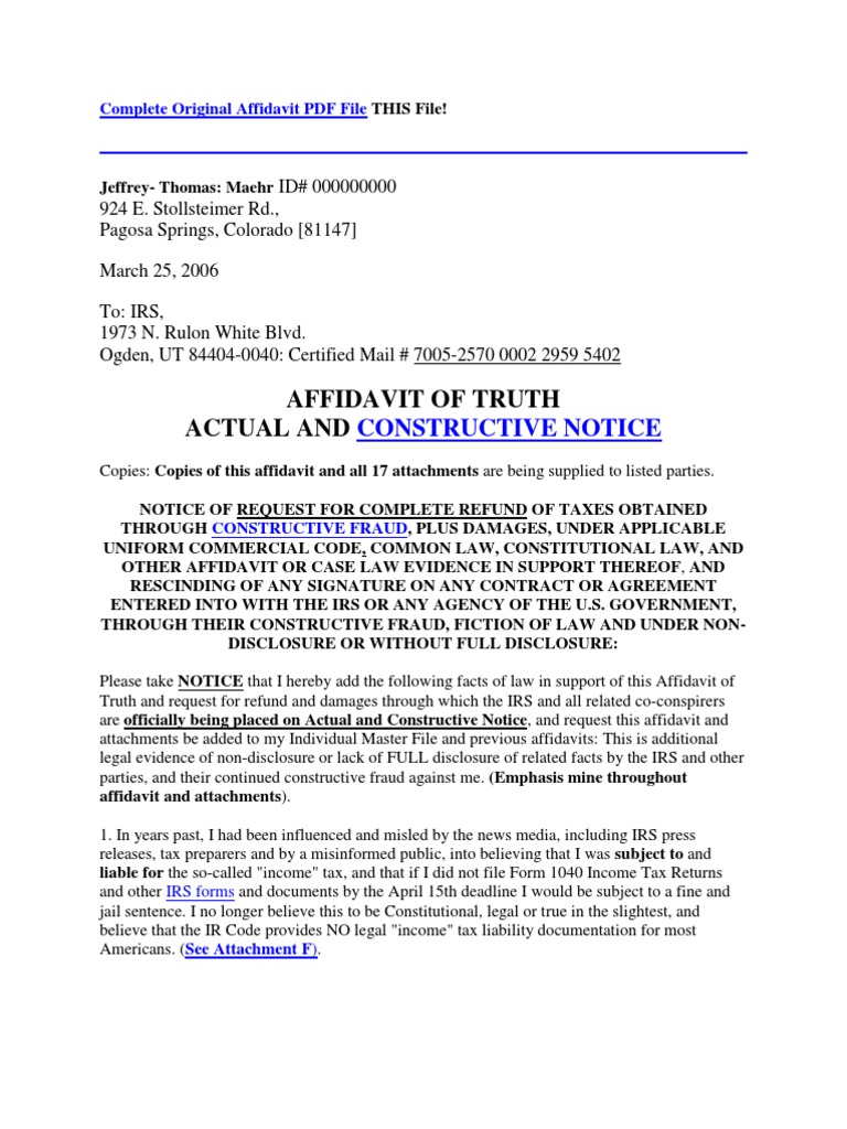 Affidavit of Truth | PDF | Taxation In The United States | Federal ...