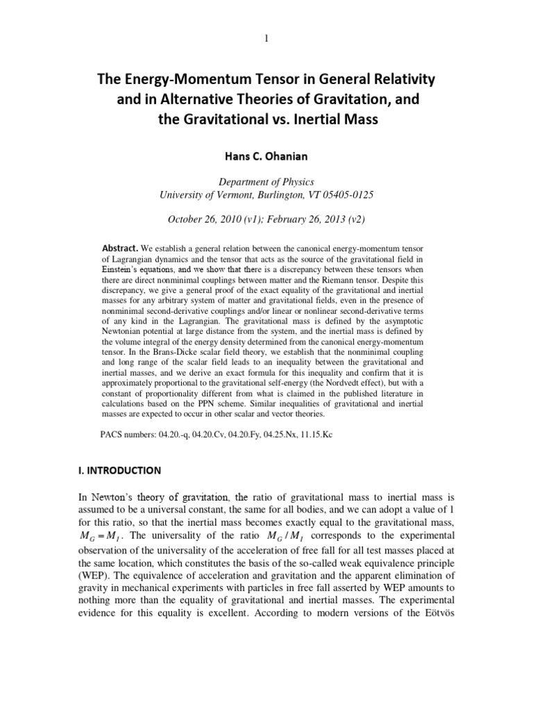 The Energy-Momentum Tensor in General Relativity and in Alternative Theories of Gravitation, and ...