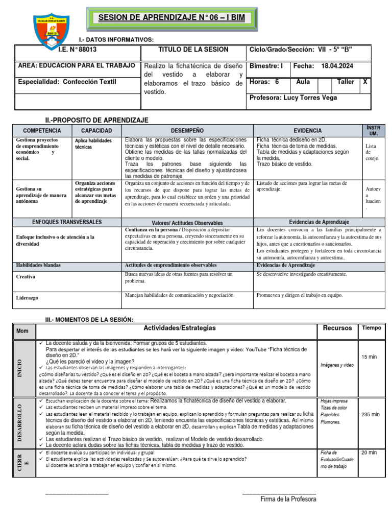 Sesion N° 06 Ficha Tecnica y Trazo basico de vestido Quinto | PDF | Aprendizaje | Modificación ...