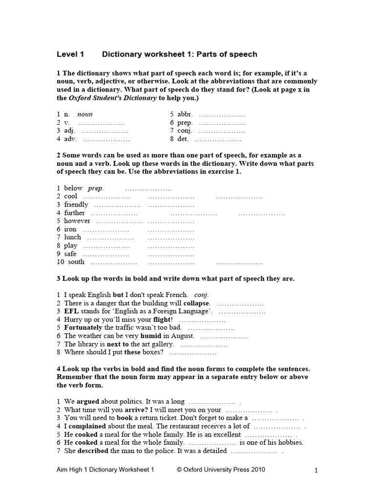 Ah 1 Dictionary Worksheet 1 Download Free Pdf Part Of Speech Noun