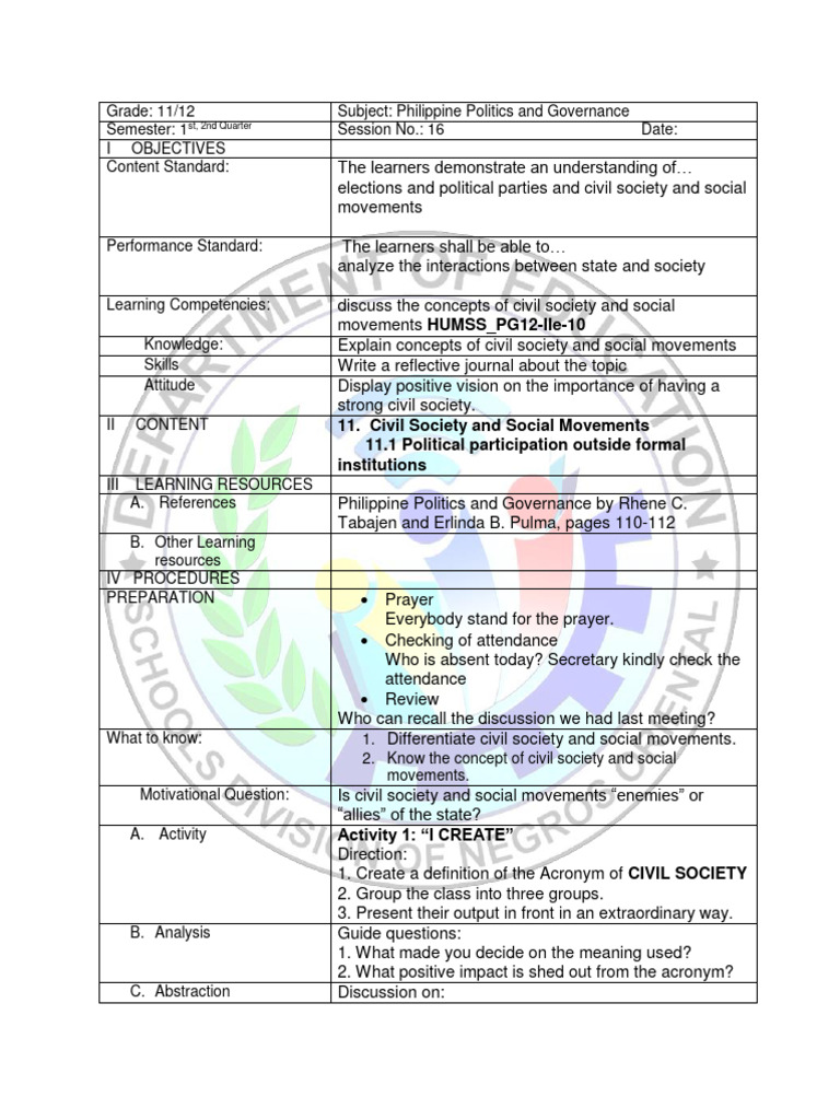 HUMSS - PG12-IIe-10 - Session17 | PDF | Civil Society | Learning