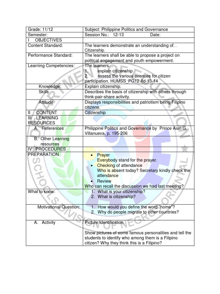 HUMSS - PG12-IId-13-14 - ctzn1 - Session13-14 | PDF | Naturalization ...