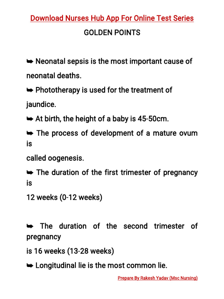 GOLDEN POINTS-Nurses Hub App | PDF | Childbirth | Pregnancy