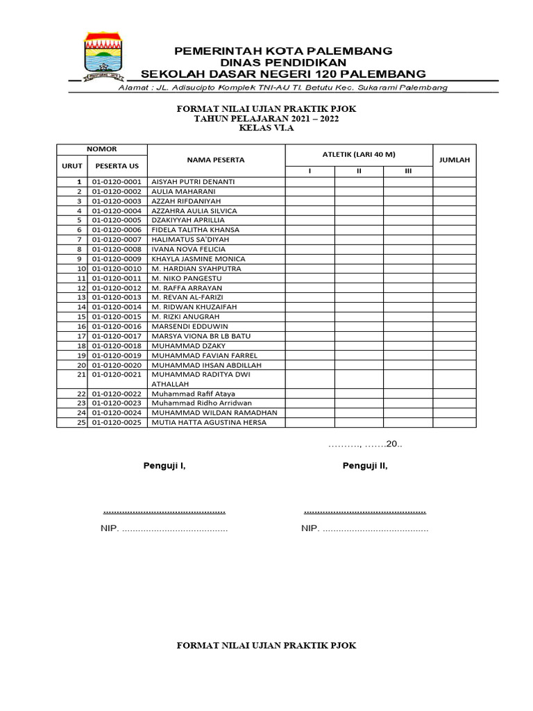 Format Nilai Ujian Praktik Pjok | PDF