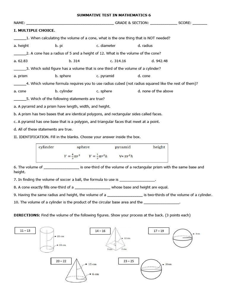 Math 6 Summative Test on Volume | PDF | Teaching Methods & Materials ...