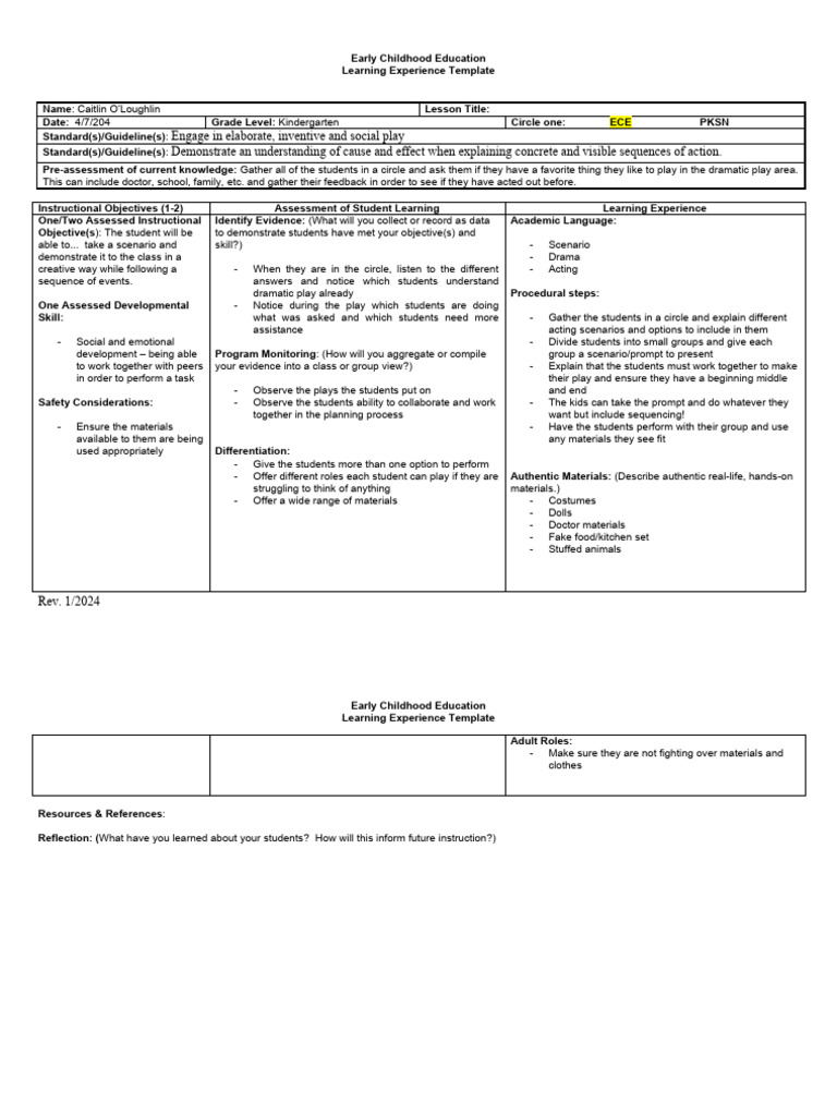 Kindergarten Dramatic Play Lesson Plan | PDF | Learning | Early ...