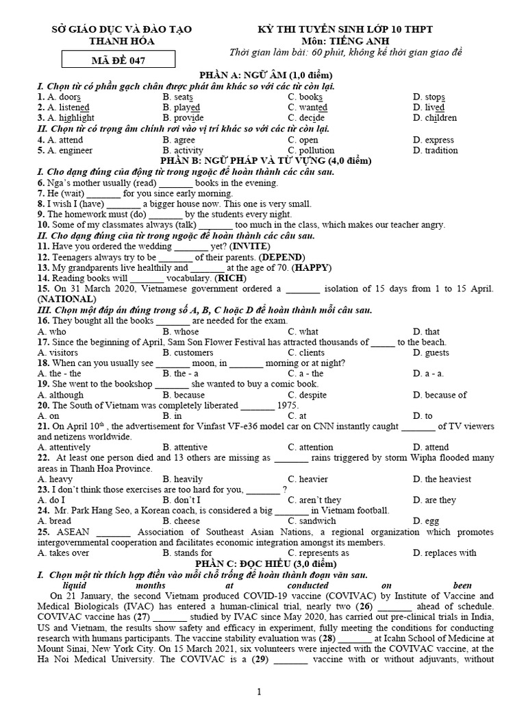 50 đề thi vào 10 môn Anh tỉnh Thanh Hóa có đáp án MÃ ĐỀ 047 | PDF | Supermarket