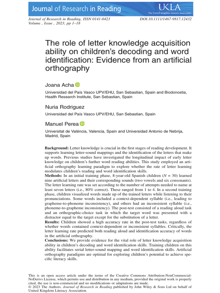Acha Et Al - 2023 - Conocimientos de Letras | PDF | Word | Dyslexia