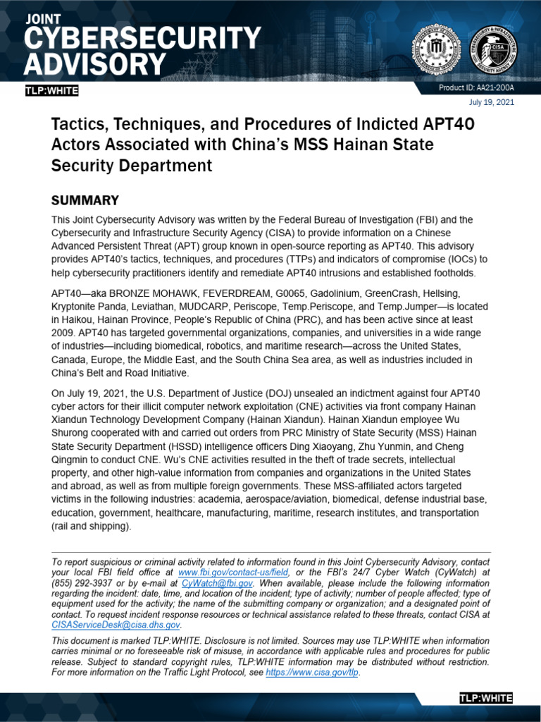 CSA - TTPs of Indicted APT40 Actors Associated With China MSS Hainan ...