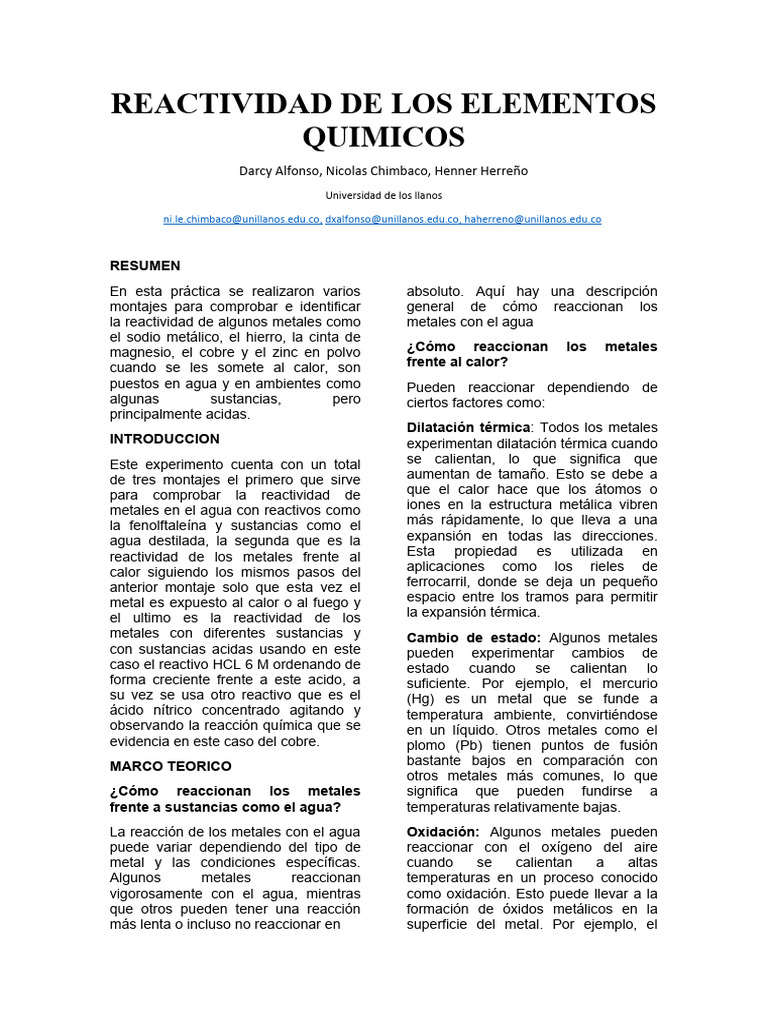 REACTIVIDAD DE LOS ELEMENTOS QUIMICOS Informe | PDF | Ácido | Rieles