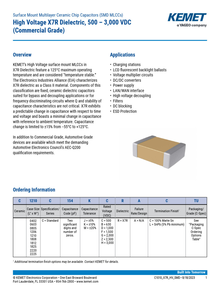 Kem C1010 X7R HV SMD-3316377 | PDF | Capacitor | Materials Science
