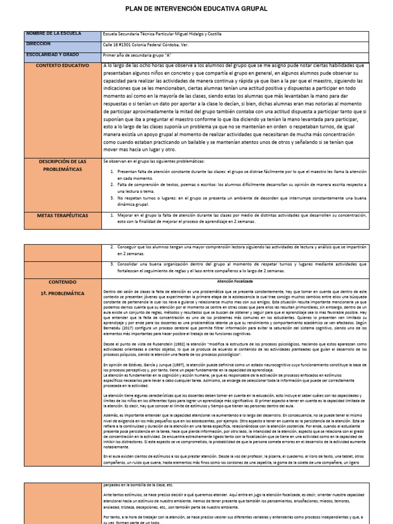 Formato Del Plan de Intervención Educativa Grupal - Editando 2 | Descargar gratis PDF | Atención ...