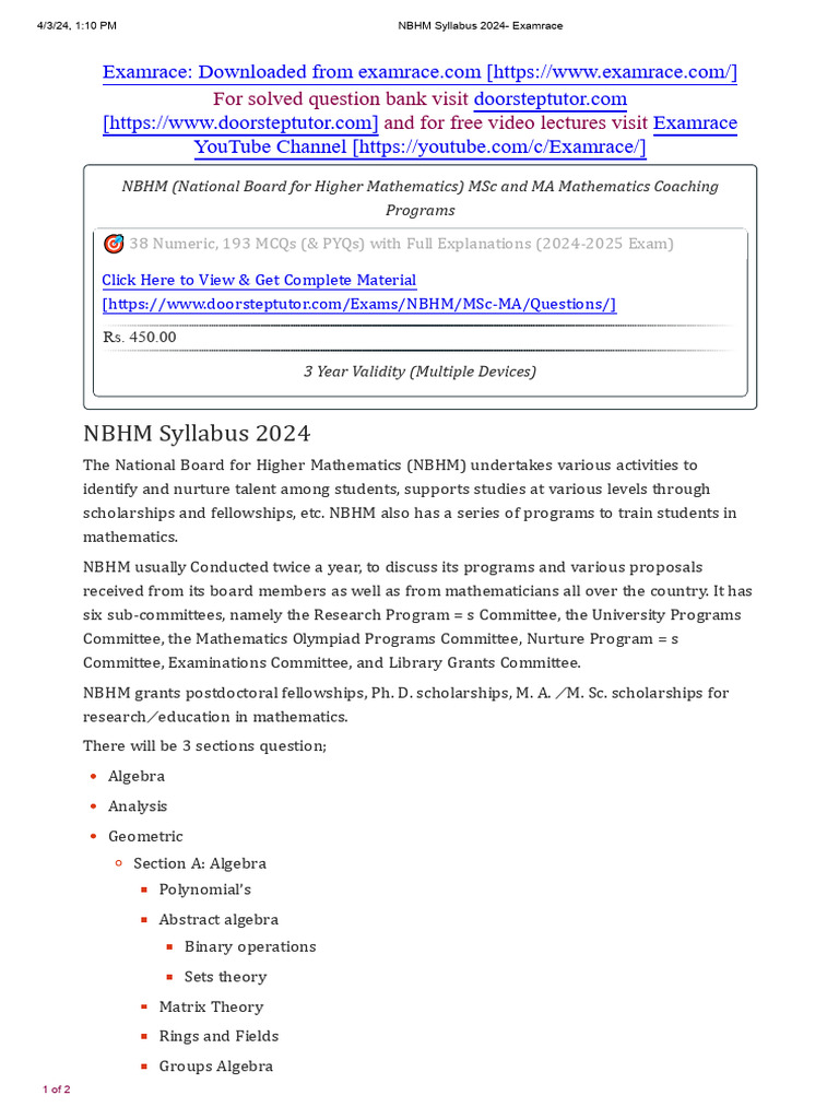 NBHM 2024 Exam Syllabus Overview | PDF | Mathematical Analysis ...