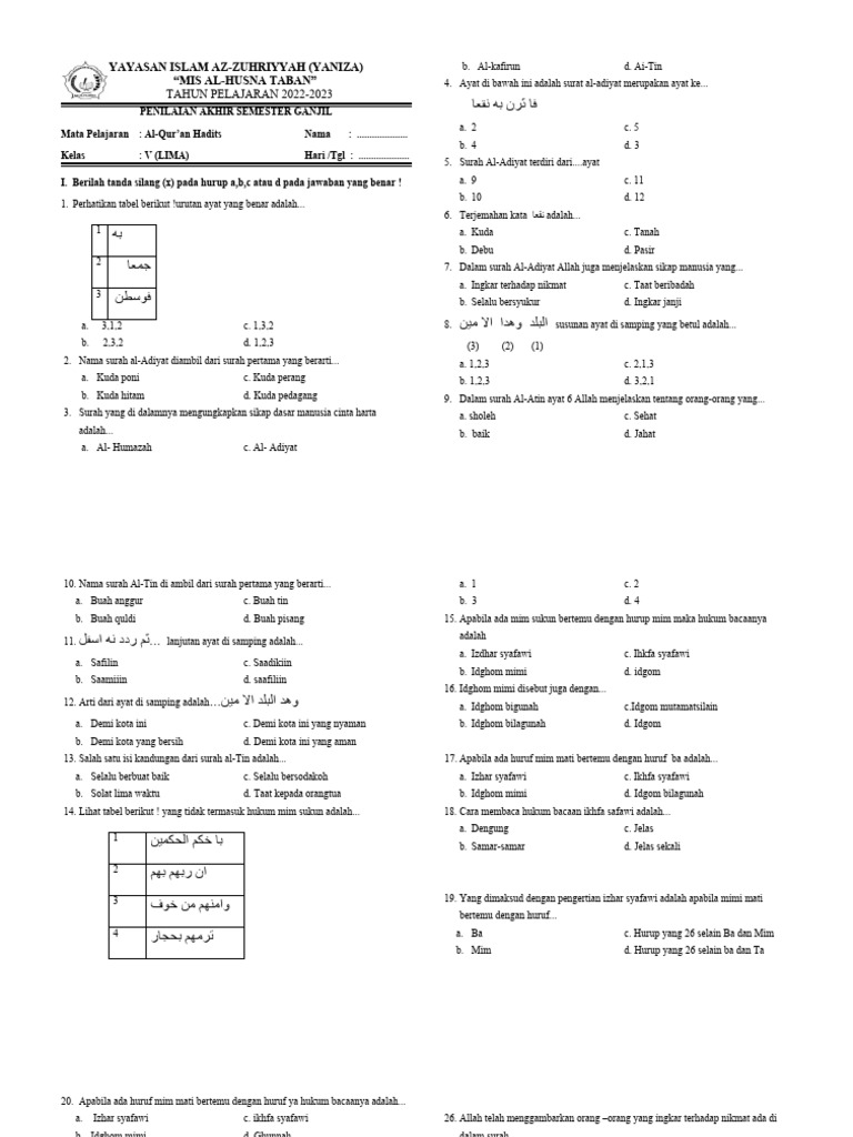 Soal PAS QURDIS SMT Ganjil Kls 5 | PDF