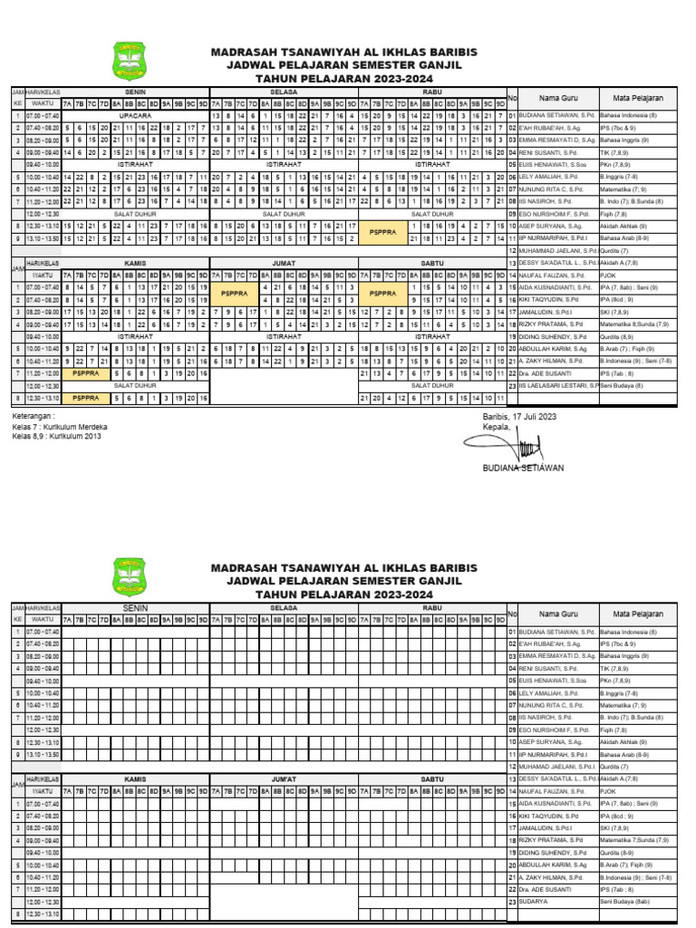 Jadwal Pelajaran Sms 2 23-24 & Pemb Tgs Laporan Simpatika | PDF