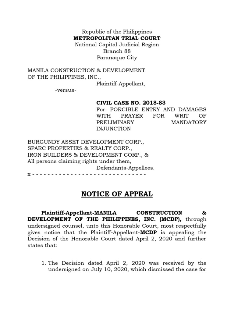 Notice of Appeal MTC 88 | PDF | Lawsuit | Judiciaries