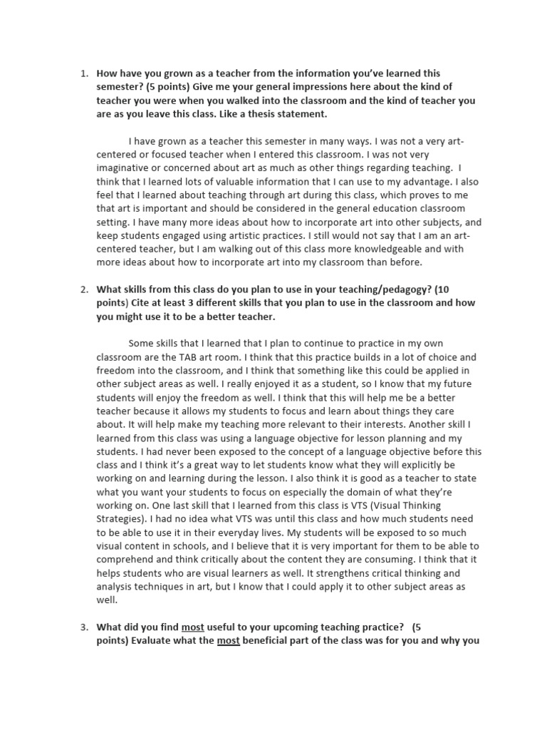 Final Art Reflection For Portfolio | PDF | Teachers | Classroom