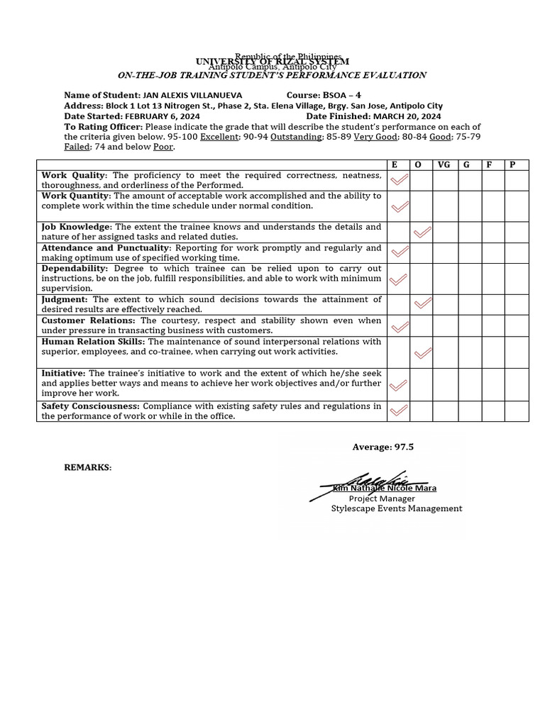 OJT EVALUATION - Docx Rating 1 1 1 | PDF | Performance Appraisal | Social Psychology