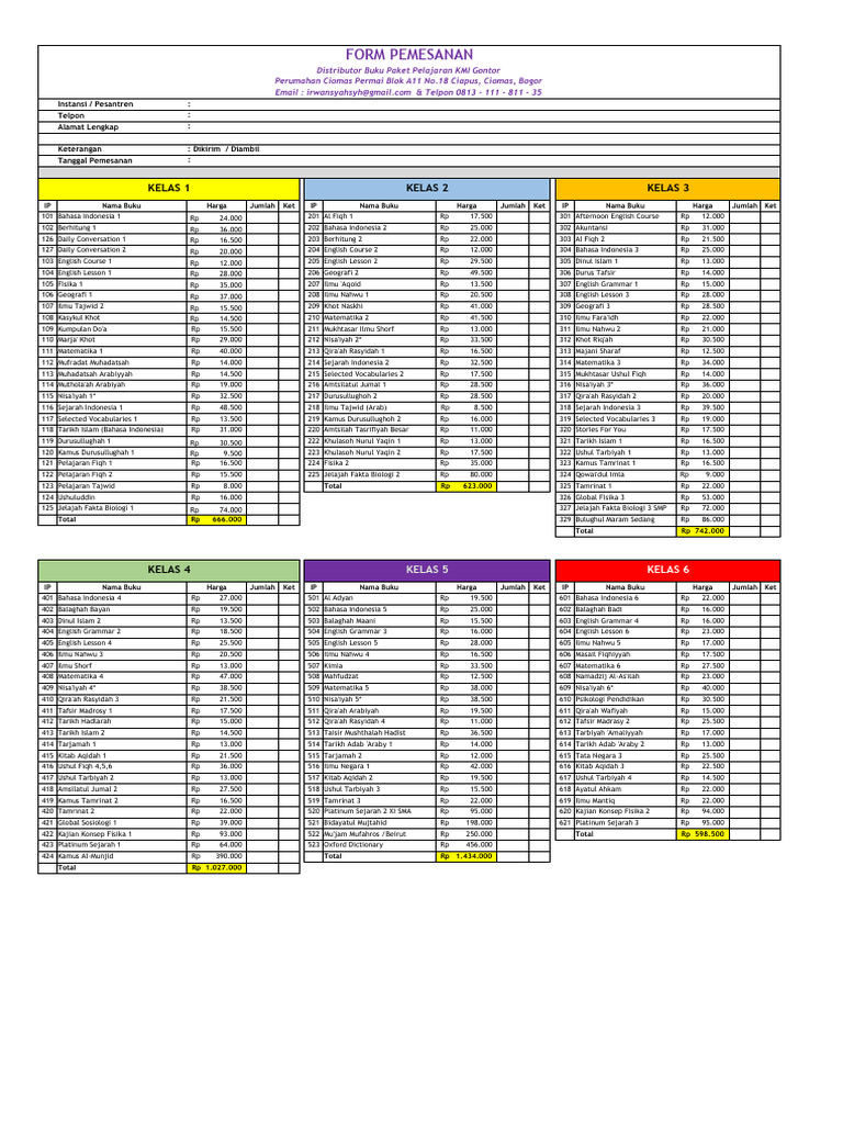 Form Pemesanan Buku KMI Gontor 2023 | PDF