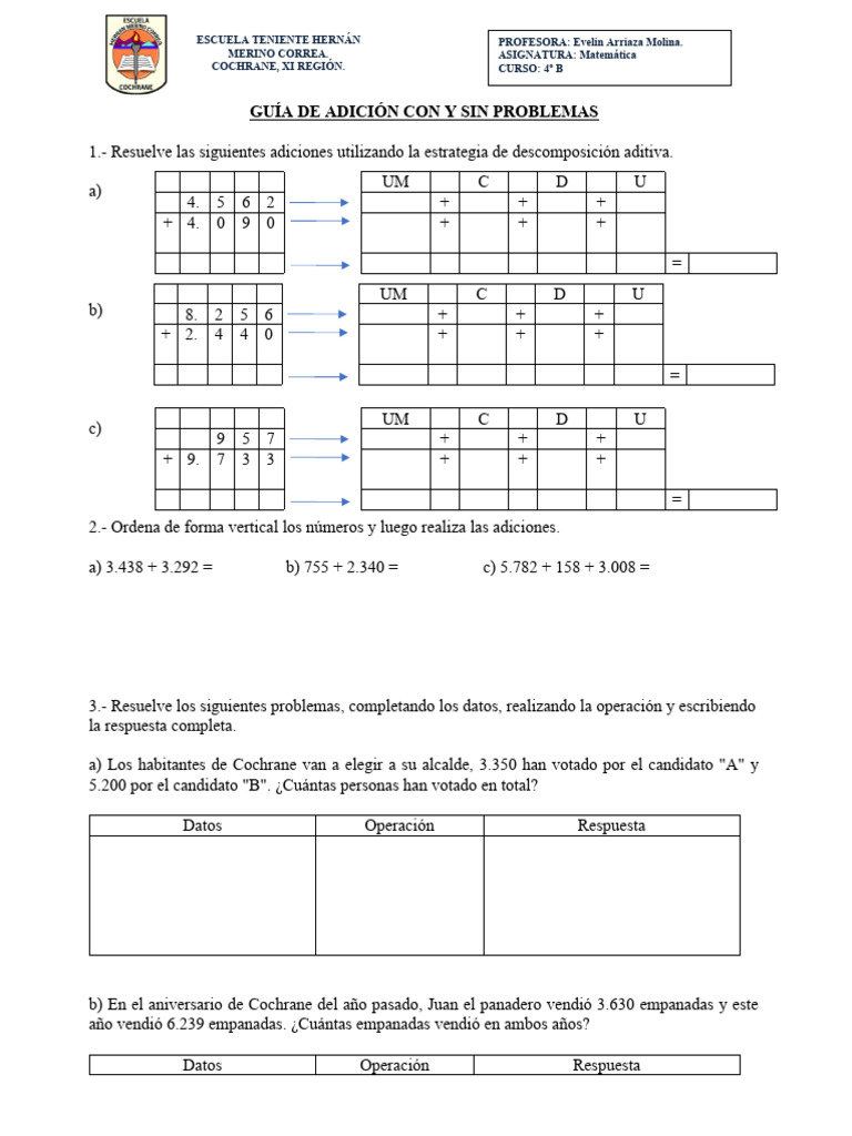Guía de Adición para 4º Básico | PDF