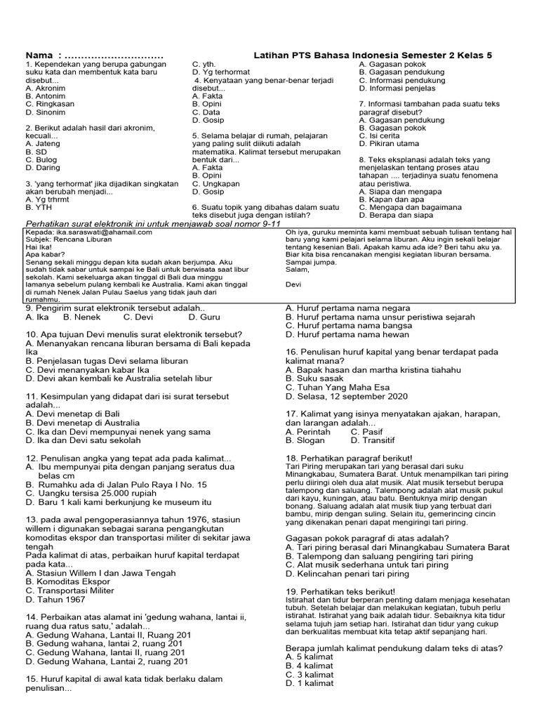 Latihan PTS Bahasa Indonesia Semester 2 Kelas 5 2024 | PDF