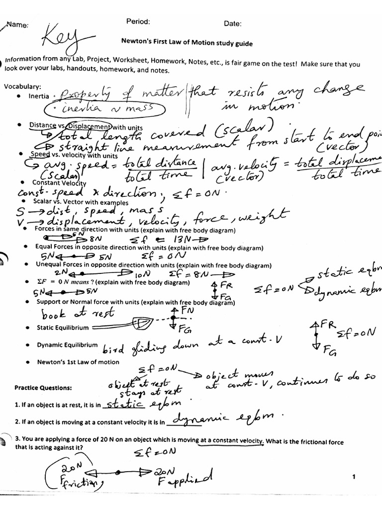7 Newtons 1st Law of Motion Studyguide KEY | PDF