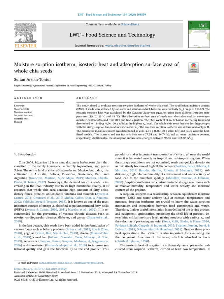 Chia Seed Moisture Sorption Analysis | PDF | Adsorption | Applied And ...