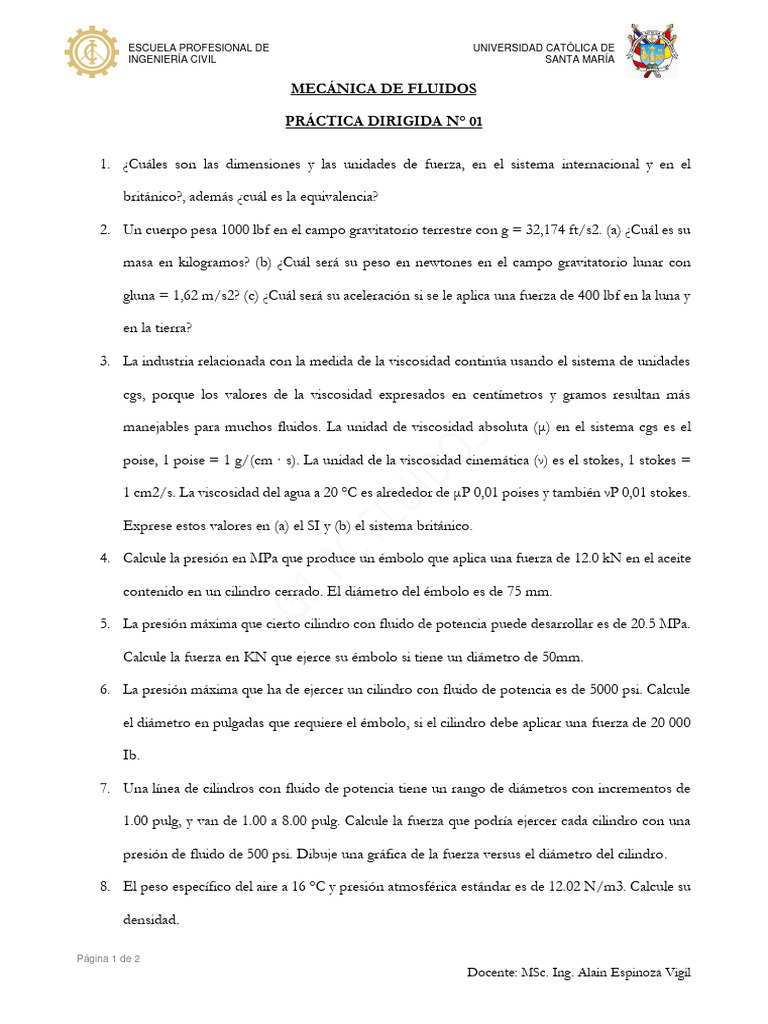 Práctica Dirigida N°01 | PDF | Presión | Pascal (Unidad)