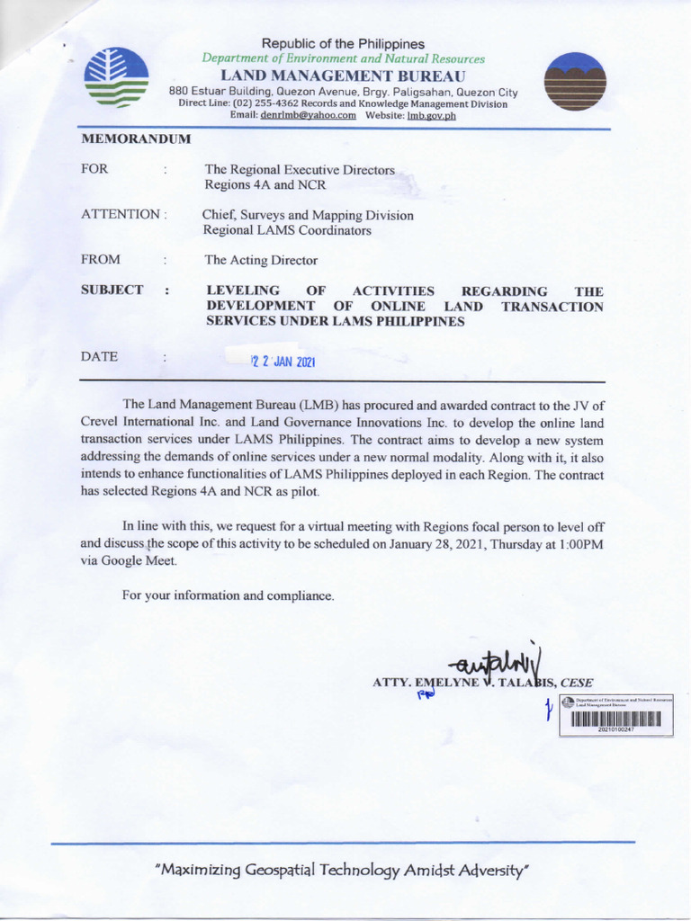 Memo For REDs of Regions 4A and NCR Leveling of Activities Re The Development of Online Land ...