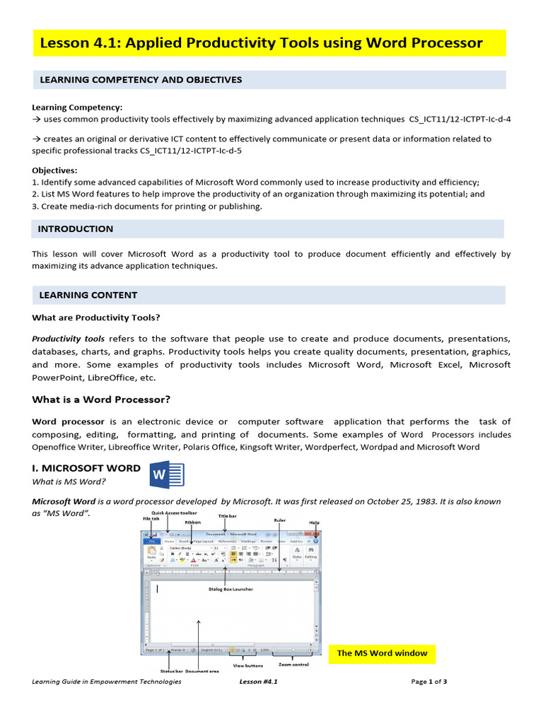 Lesson 4.1 Applied Productivity Tools Using Word Processor | PDF | Microsoft Word | Page Layout