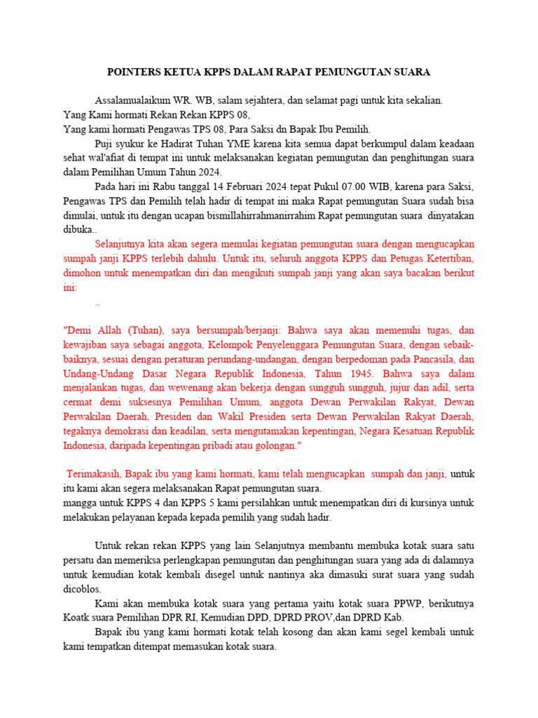 Pointers Ketua KPPS Dalam Rapat Pemungutan Suara | PDF