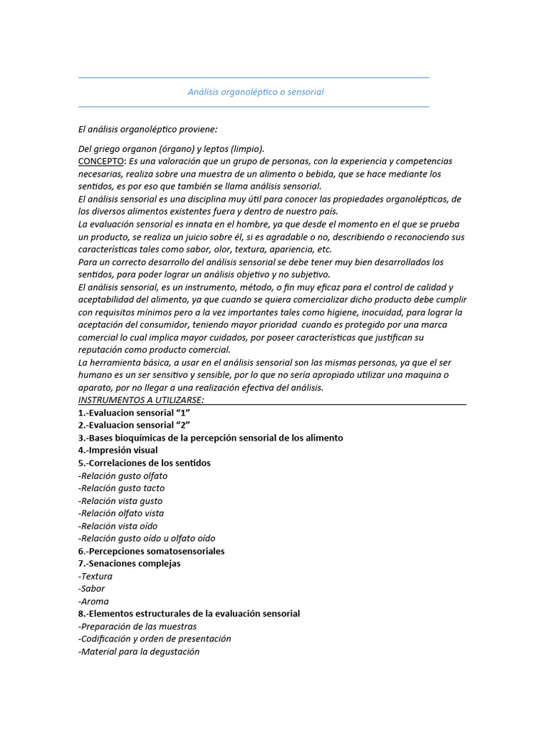 Análisis Organoléptico de Alimentos | PDF | Alimentos | Sentidos