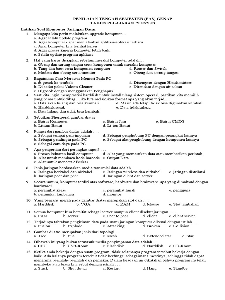 Soal Latihan Komputer Jaringan Dasar Kelas X | PDF