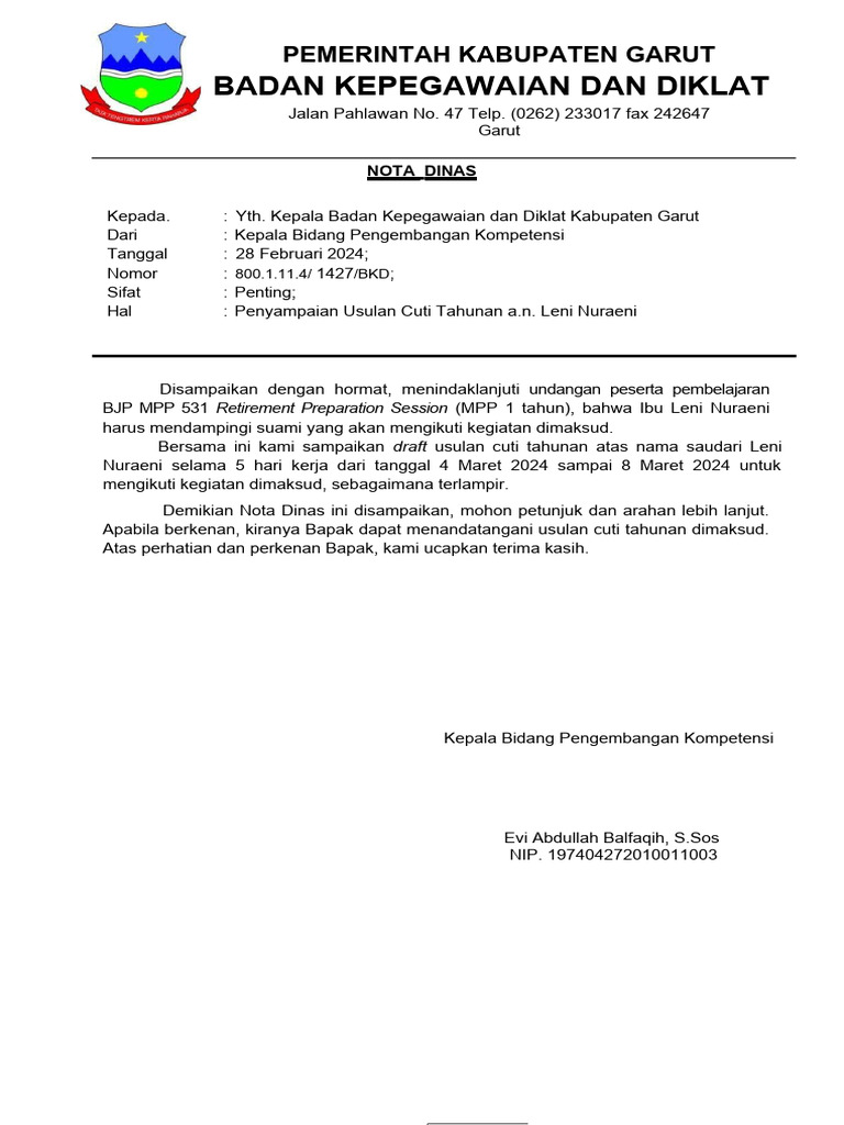 Nota Dinas Pengajuan Cuti Tahunan Leni Nuraeni | PDF