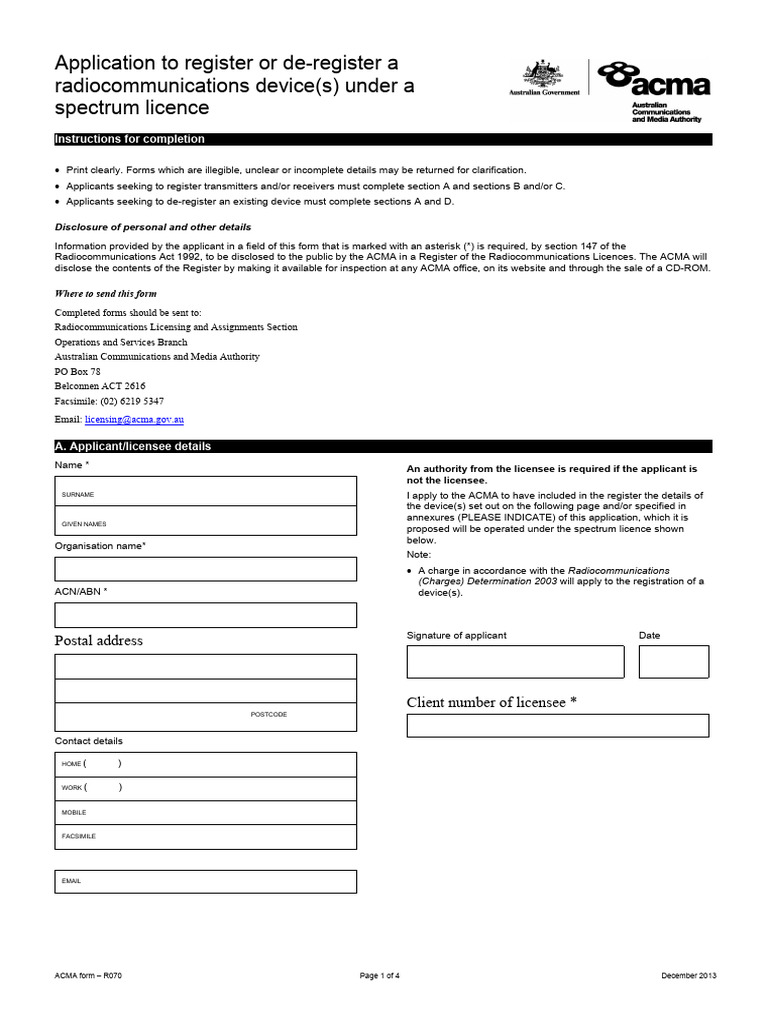 R070 Application To Register Radiocommunications Device - 0 | PDF