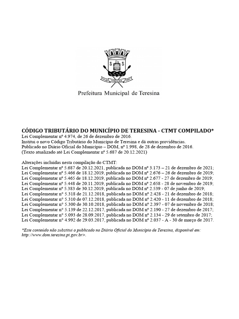 Código Tributário Do Município de Teresina CTMT Compilado 1 | PDF