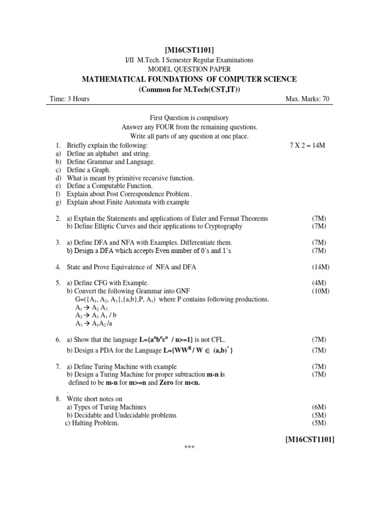 M.Tech Model Question Papers Overview | PDF | Formalism (Deductive ...