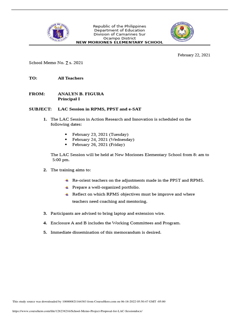 School Memo Project Proposal For LAC Session | PDF