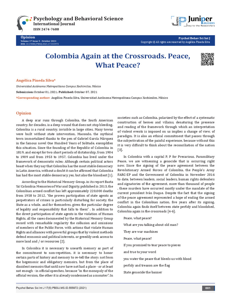 Colombia Again at The Crossroads. Peace, What Peace? | PDF