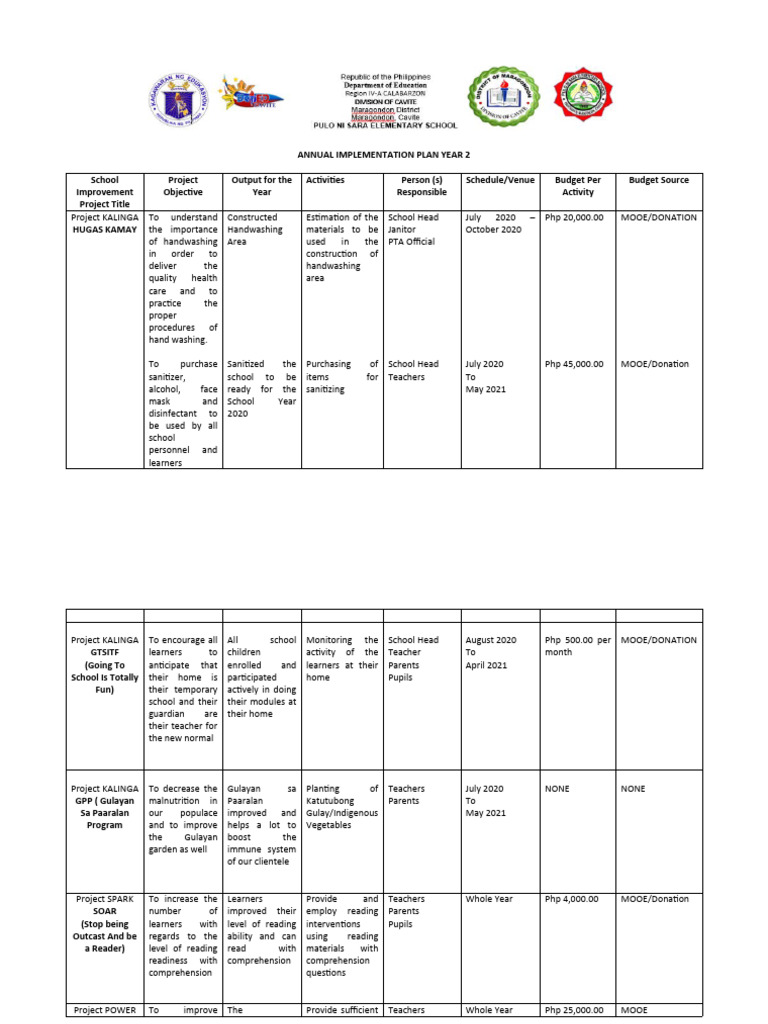 PULO NI SARA Annual Implementation Plan Y2 | PDF | Reading Comprehension | Hand Washing