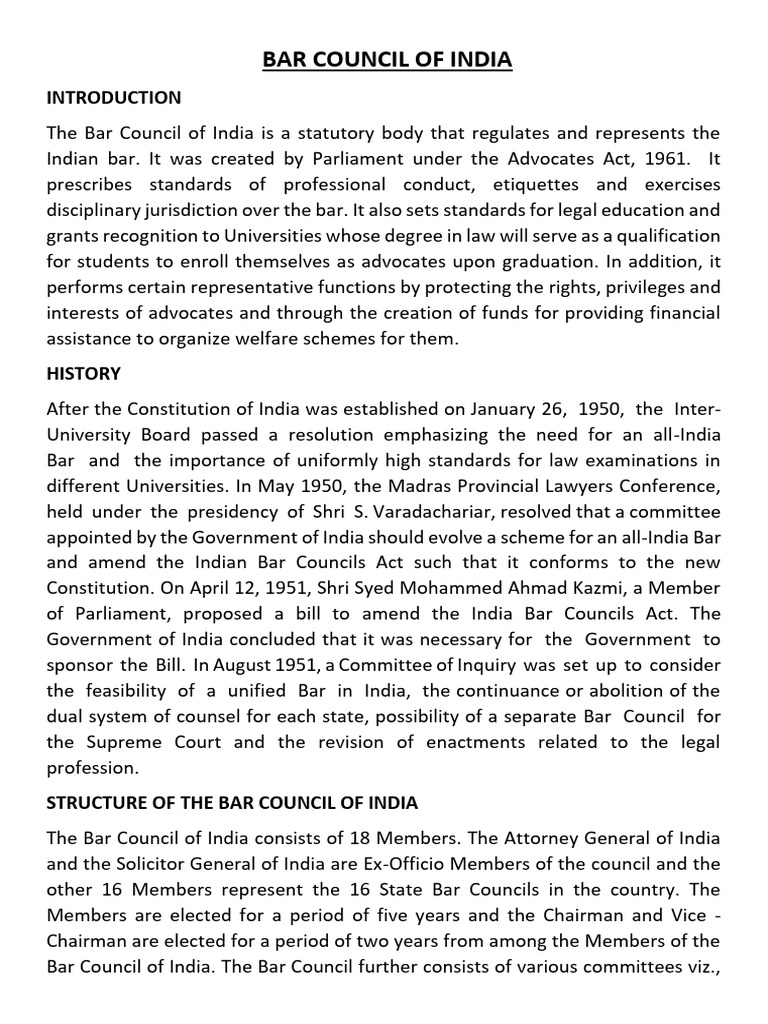 Functions and Structure of Bar Council India | PDF | Advocate | Justice