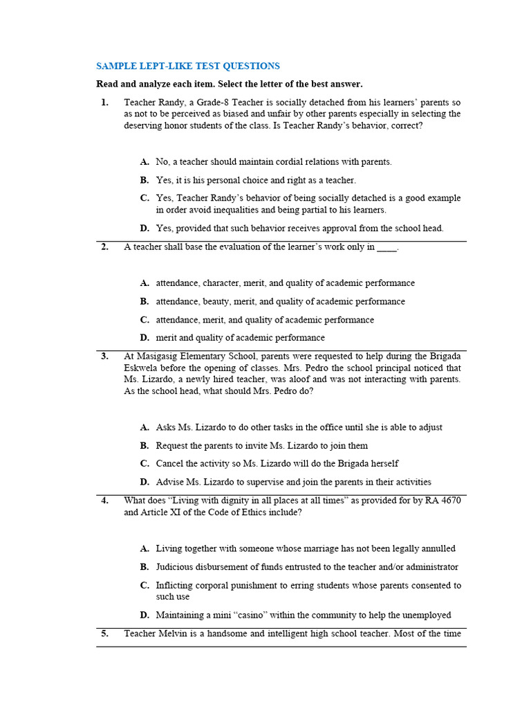 Sample LEPT Like Questionnaires Answer Key and Rationale | PDF ...