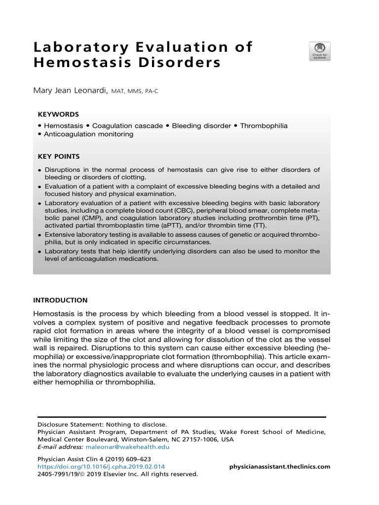Laboratory Assessment of Hemostasis Disorders | PDF | Coagulation ...